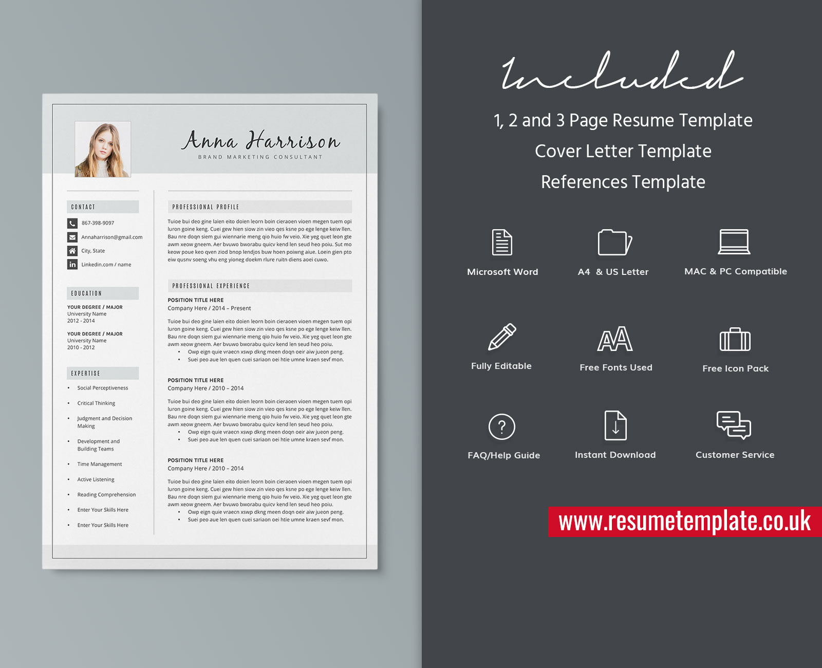 Modern Resume / CV Template for MS Word, Professional CV Design, Fully ...