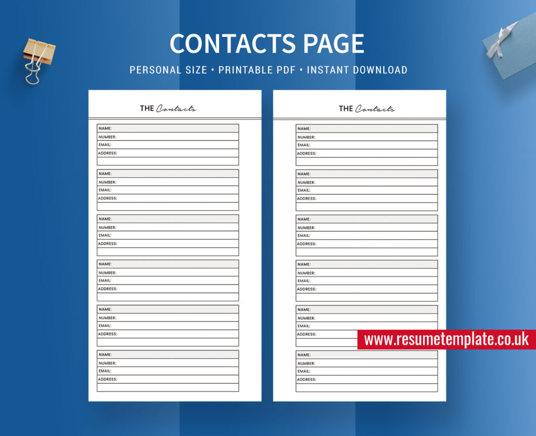 Printable Contacts Page, Contacts List, Personal Size, Planner Inserts ...