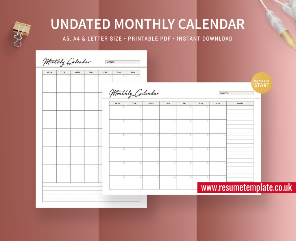 Undated Monthly Calendar, Month on 2 Pages, Printable Personal Size ...