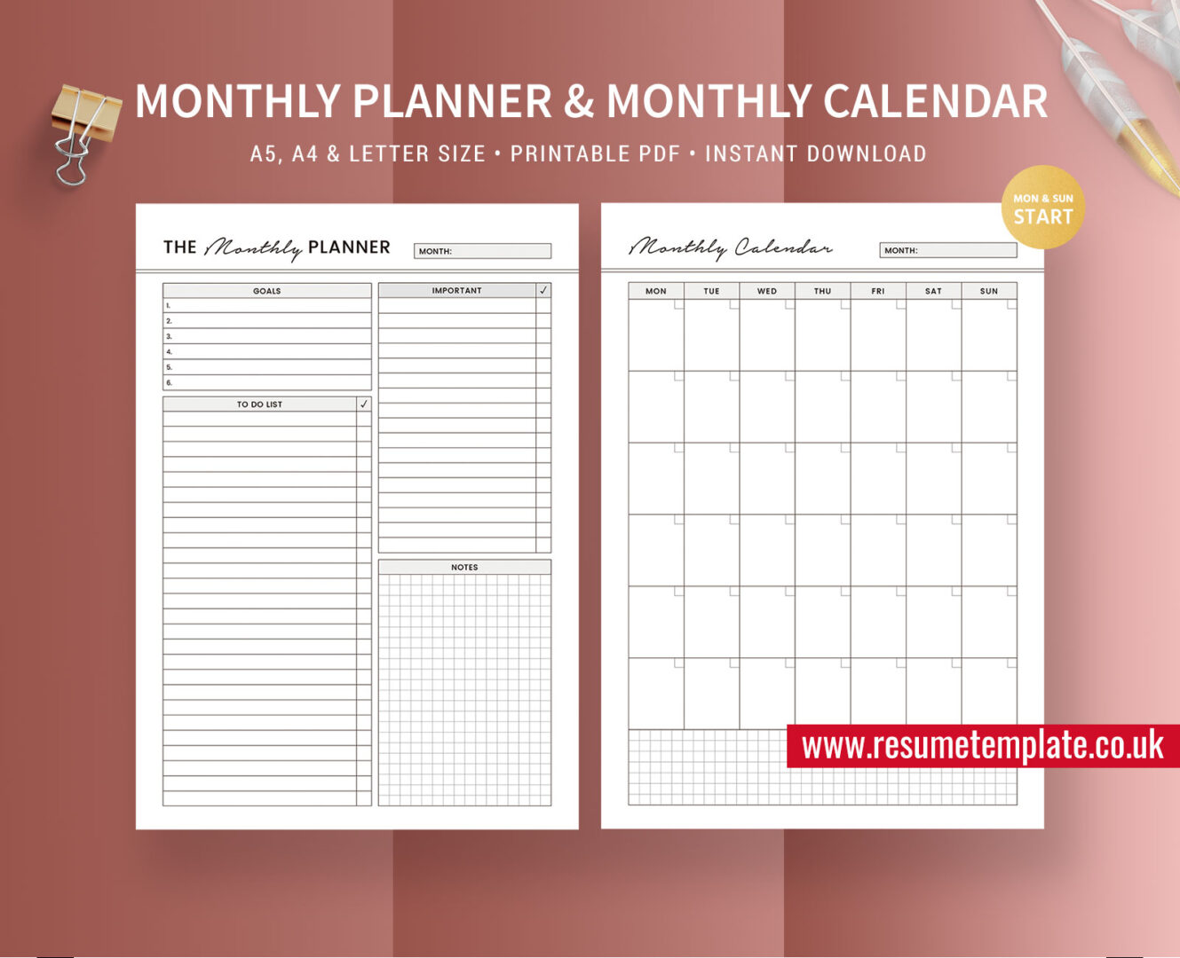 Monthly Planner, Monthly Calendar, Planner Pages, Planner Inserts ...