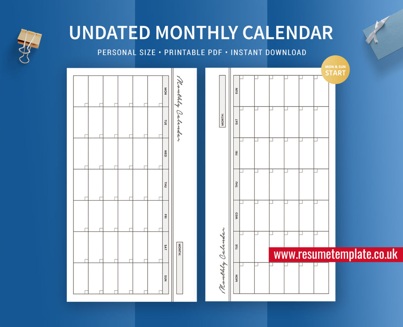Undated Monthly Calendar, Monthly Planner, Printable Personal Size ...