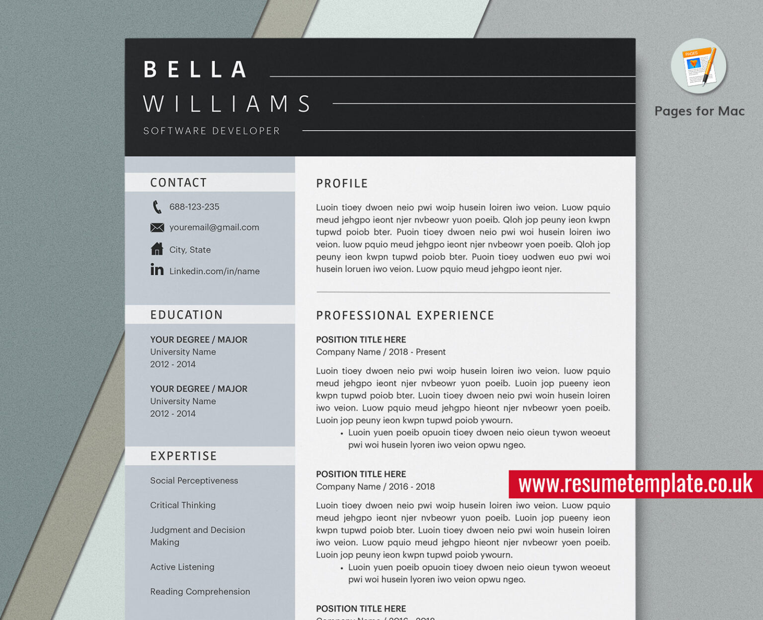 Mac Pages – Modern Resume / CV Template, Cover Letter, Curriculum Vitae ...