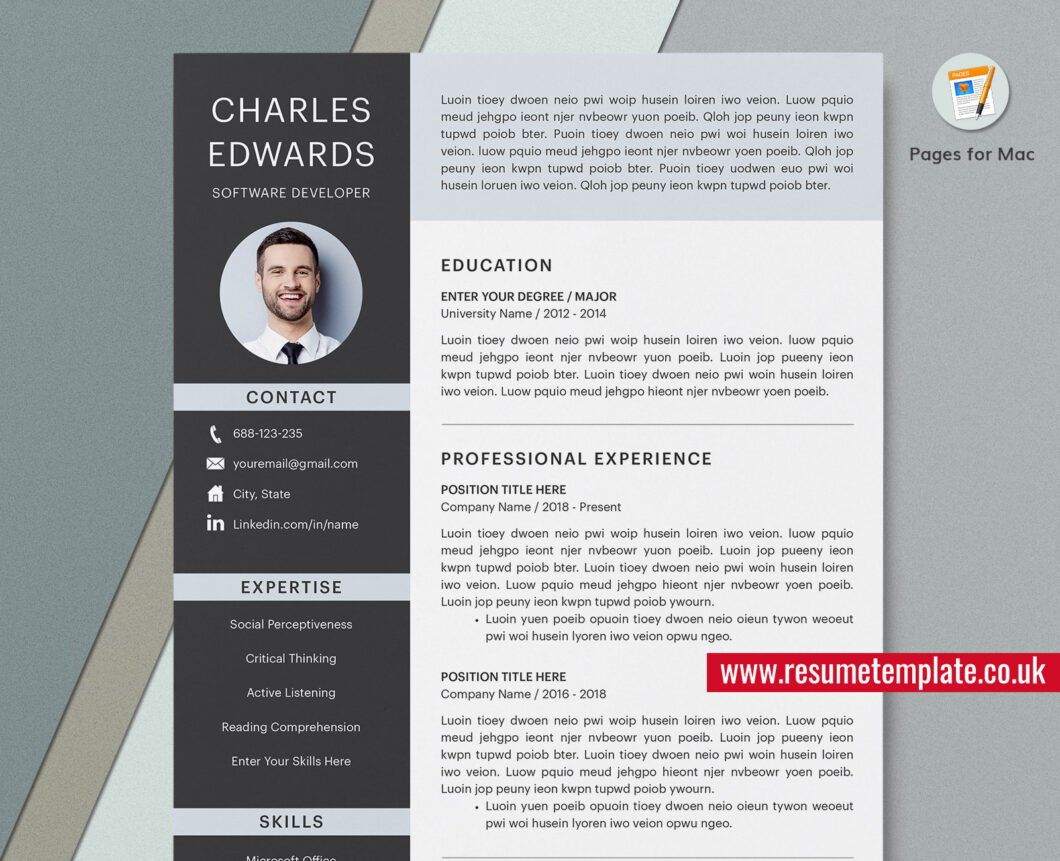 Mac Pages – Professional Resume / CV Template for Mac Pages, Cover ...